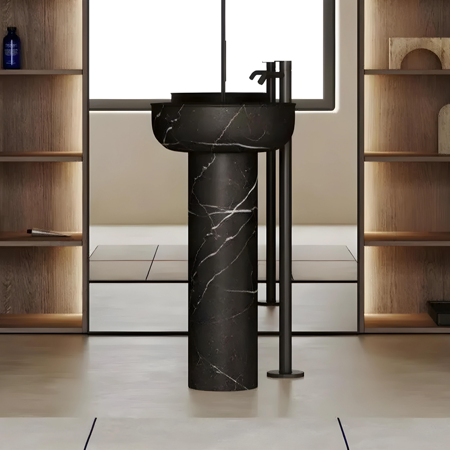 ZECH / Round Freestanding Marble Basin - Pietra Grey Marble - Handle ...