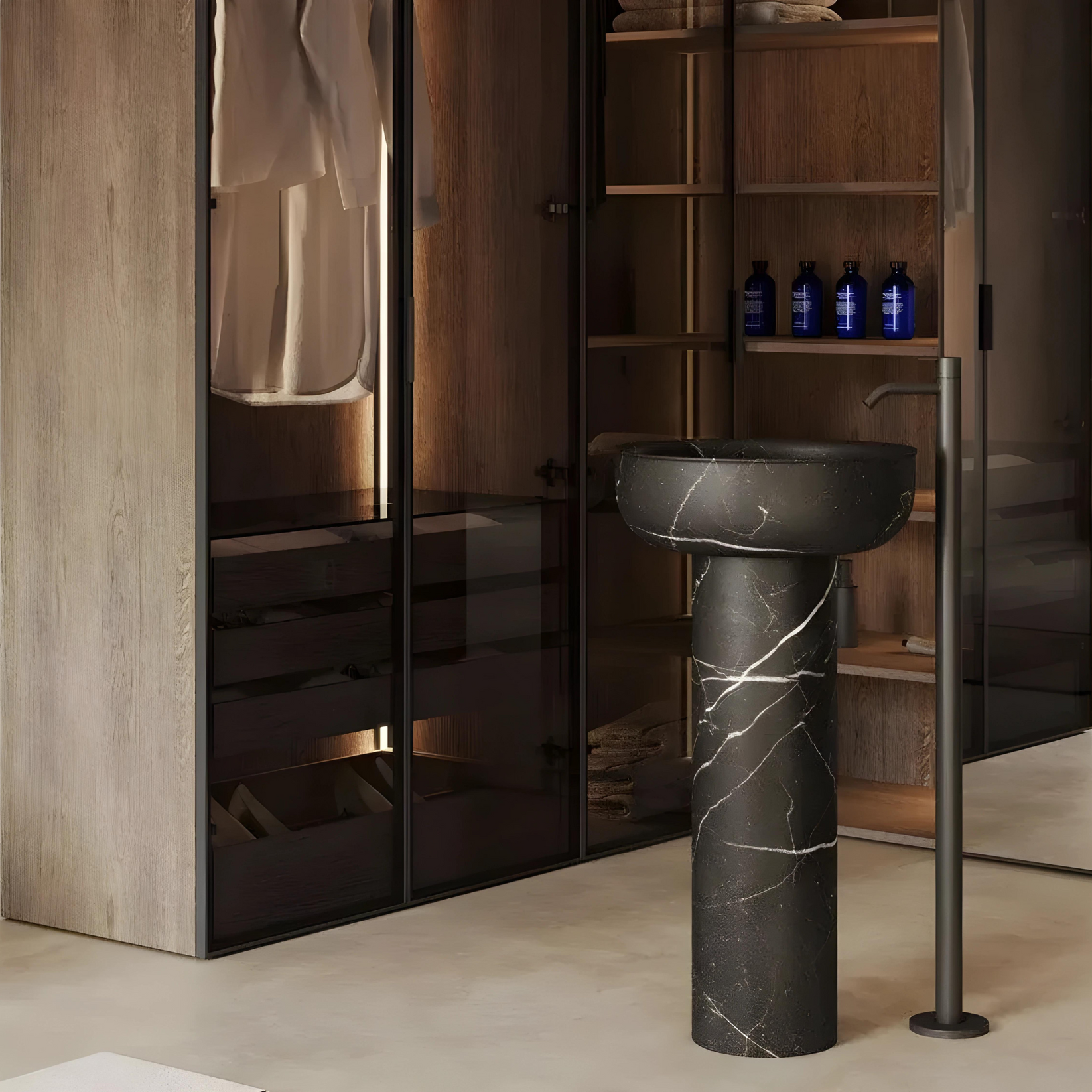 ZECH / Round Freestanding Marble Basin - Pietra Grey Marble - Handle ...